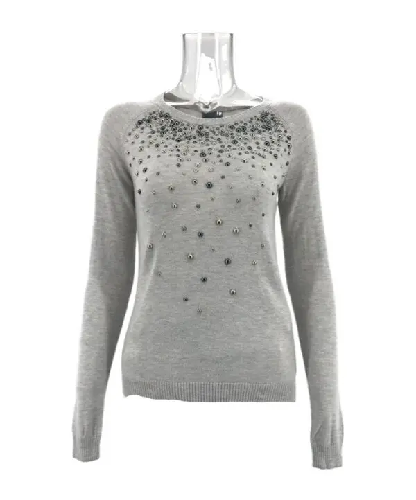 Emporio Armani Embellished Round Neck Long Sleeve Sweater - Gray