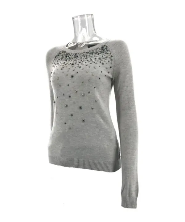 Emporio Armani Embellished Round Neck Long Sleeve Sweater - Gray