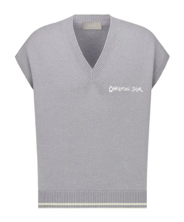 Dior Logo Wool V-neck Vest - Grey