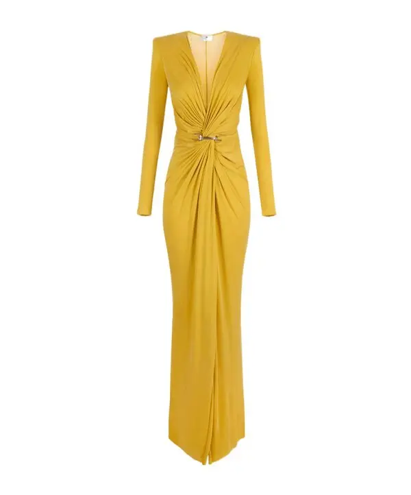 Elisabetta Franchi Plunging V-neck Long Sleeve Gown With Embellished Skirt Slit