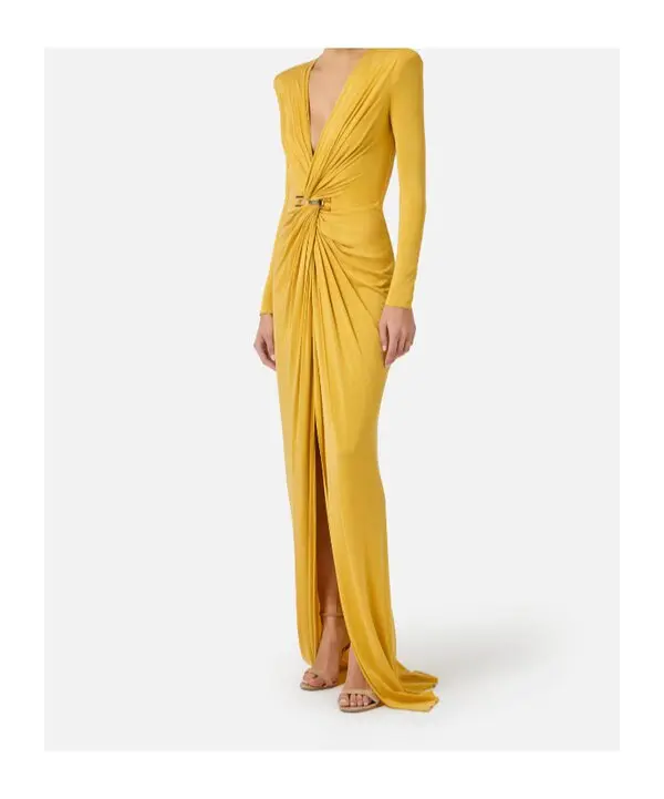 Elisabetta Franchi Plunging V-neck Long Sleeve Gown With Embellished Skirt Slit