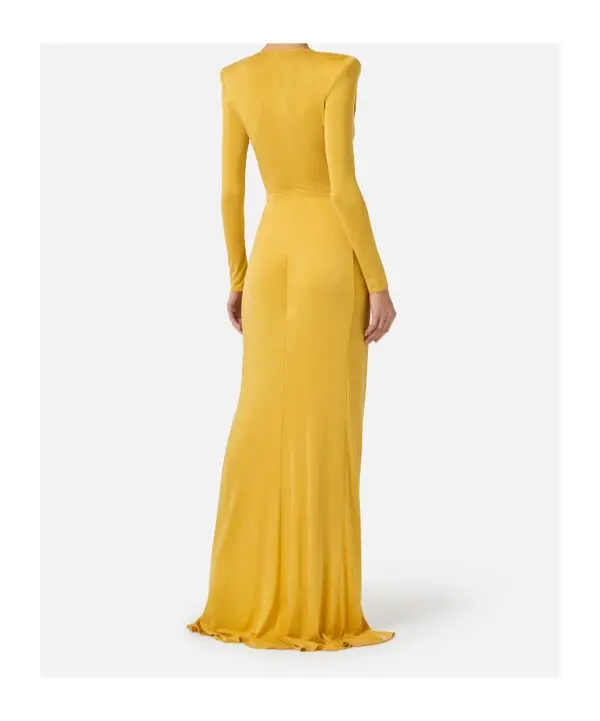 Elisabetta Franchi Plunging V-neck Long Sleeve Gown With Embellished Skirt Slit