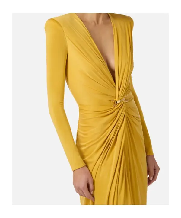 Elisabetta Franchi Plunging V-neck Long Sleeve Gown With Embellished Skirt Slit