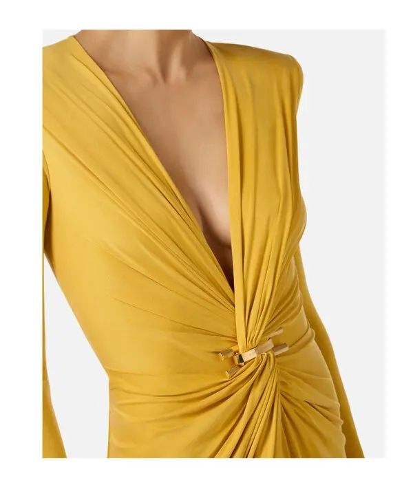 Elisabetta Franchi Plunging V-neck Long Sleeve Gown With Embellished Skirt Slit
