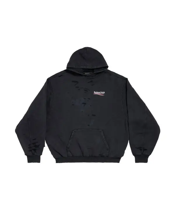 Balenciaga Logo Printed Distressed Hoodie - Black