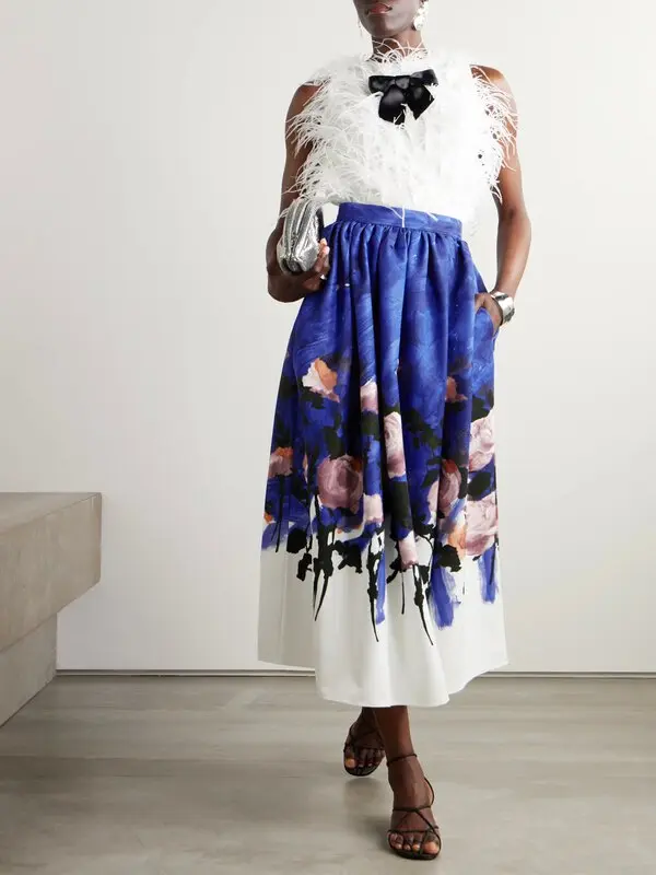 Erdem Pleated Printed Midi Skirt