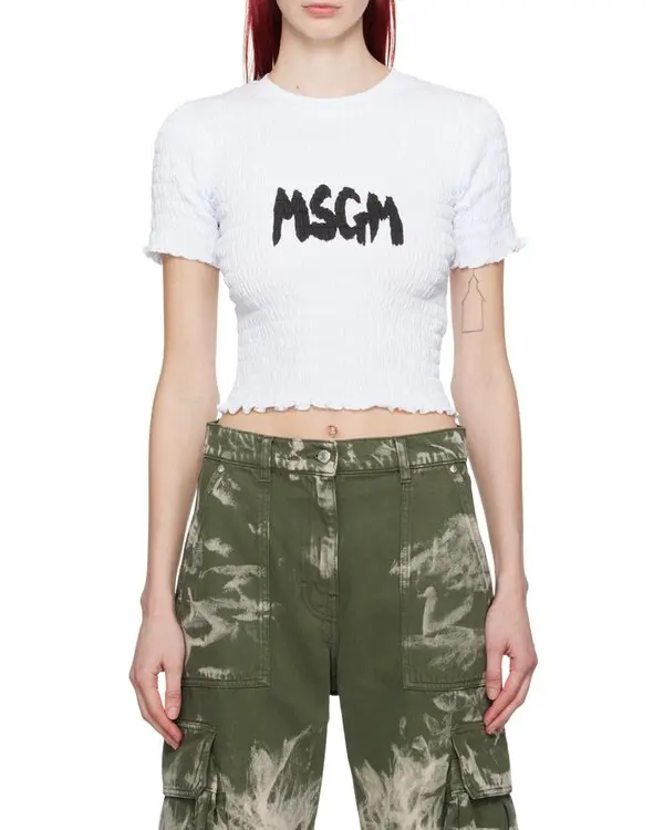 MSGM Logo Printed Smocked Cropped Top