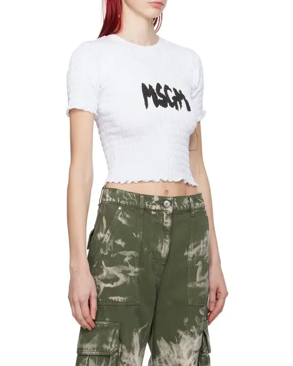 MSGM Logo Printed Smocked Cropped Top