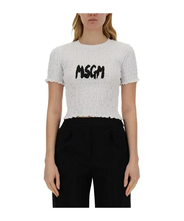 MSGM Logo Printed Smocked Cropped Top