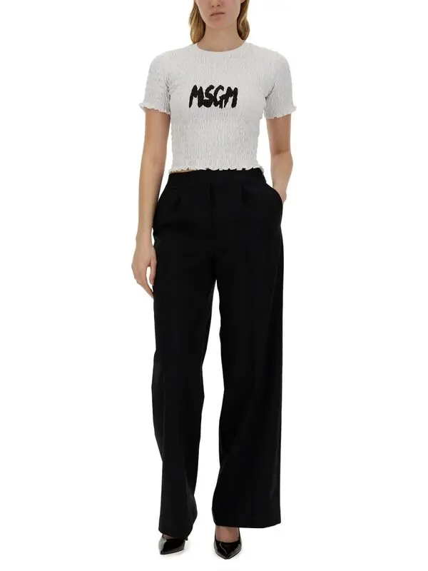 MSGM Logo Printed Smocked Cropped Top