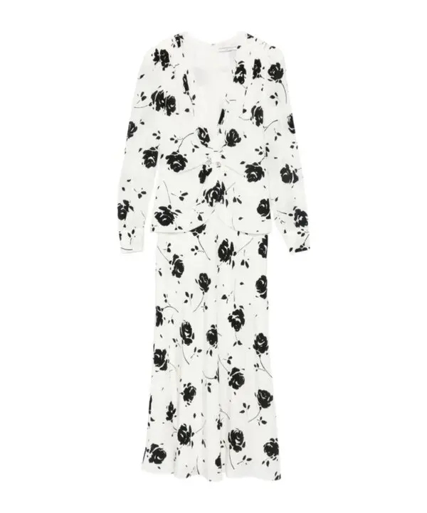 Alessandra Rich Rose Printed V-neck Midi Dress - White