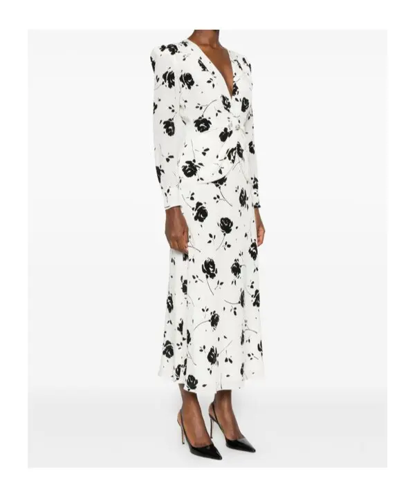 Alessandra Rich Rose Printed V-neck Midi Dress