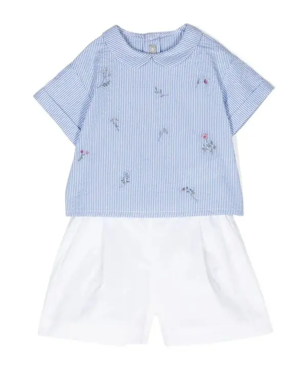 IL GUFO Striped Floral Embroidered Short Set - Blue