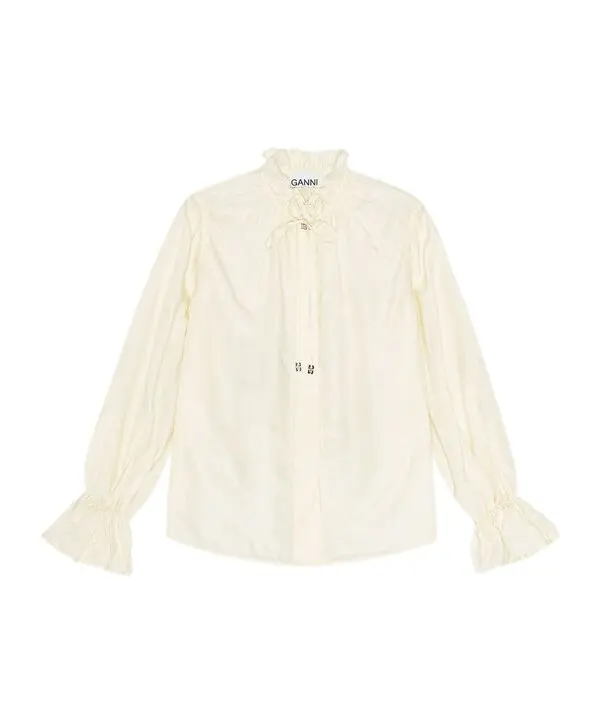 GANNI Ivory Fluid Cupro Tie Shirt - Egret