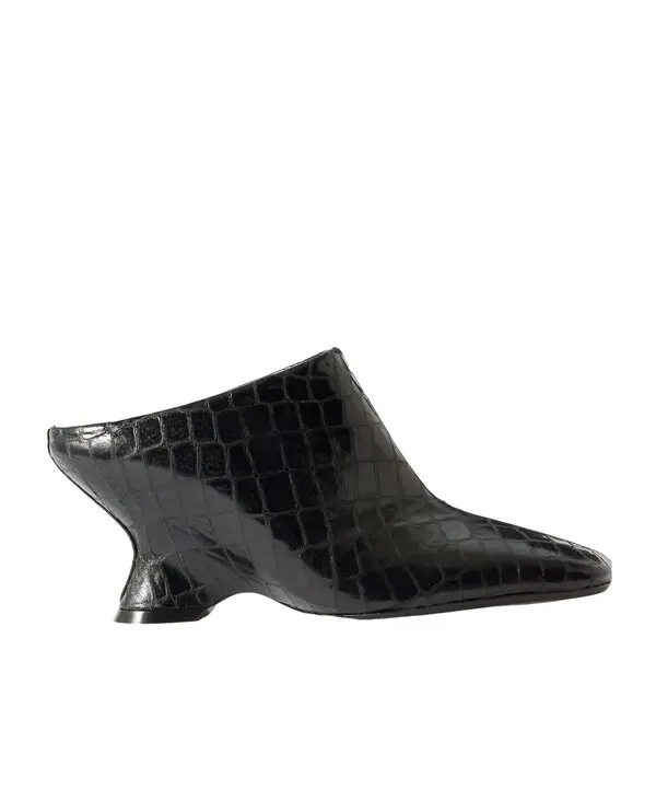 Dries Van Noten Croc Effect Wedge Mules - Black