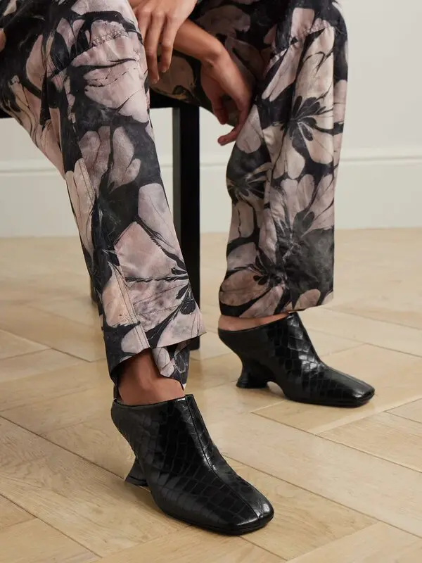 Dries Van Noten Croc Effect Wedge Mules - Black