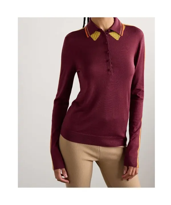 Gabriela Hearst Long Sleeve Polo Sweater With Striped Details
