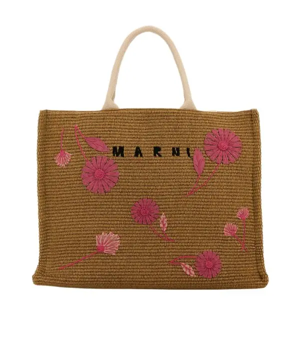 Marni Floral Appliqué Large Basket Bag - Caramel