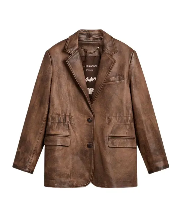 GOLDEN GOOSE Single Breasted Distressed Leather Jacket - Brown