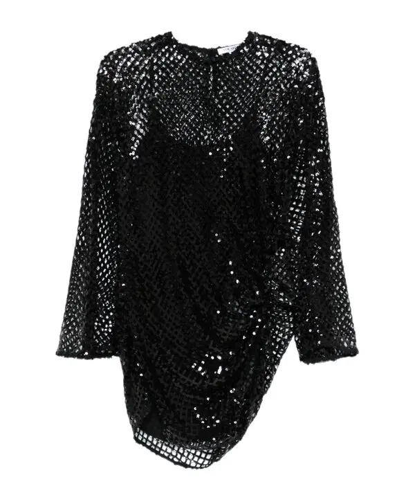 Attico Long Sleeve Sequin Embellished Crewneck Dress