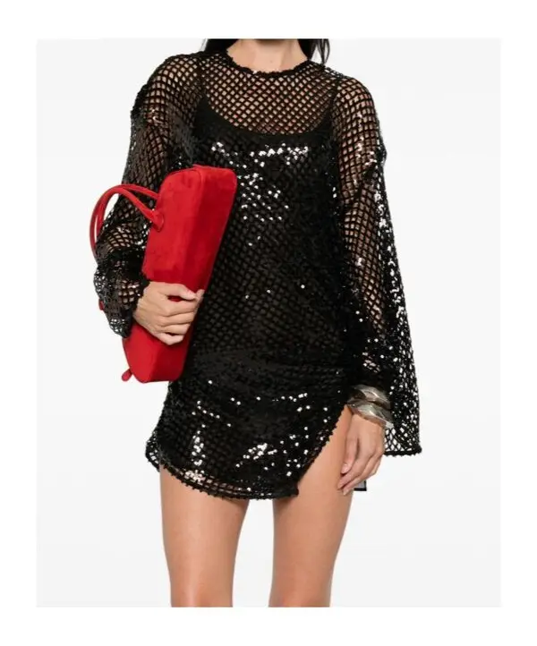Attico Long Sleeve Sequin Embellished Crewneck Dress