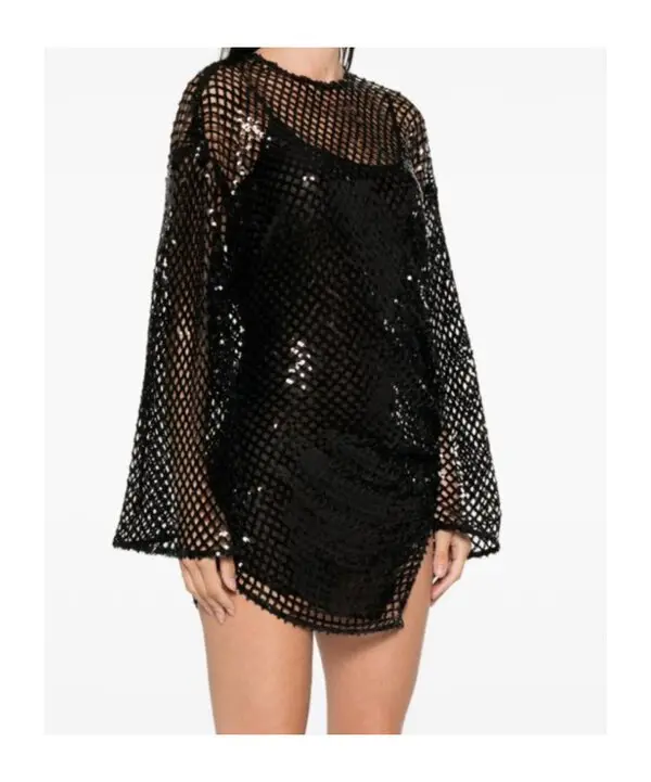 Attico Long Sleeve Sequin Embellished Crewneck Dress