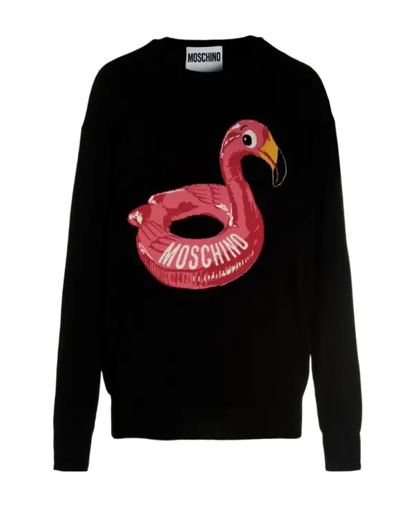 Moschino Intarsia-knit Flamingo Logo Crewneck Jumper - Black