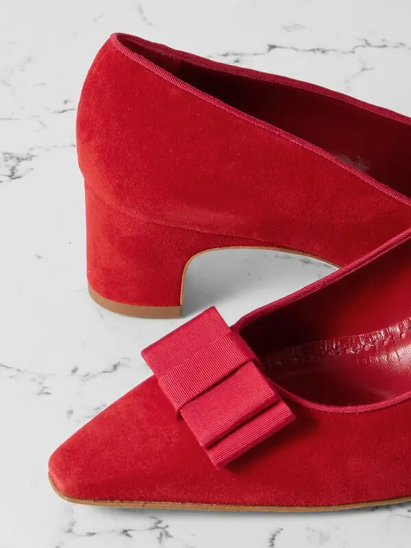 Manolo Blahnik Suede Bow Detail Block Heel Pumps