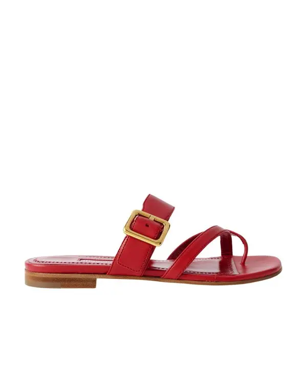 Manolo Blahnik Leather Adjustable Buckle Round Toe Slip-on Flats - Red