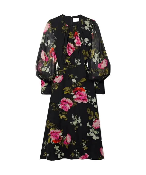 Erdem Round Neck Floral Print Long Sleeve Midi Dress