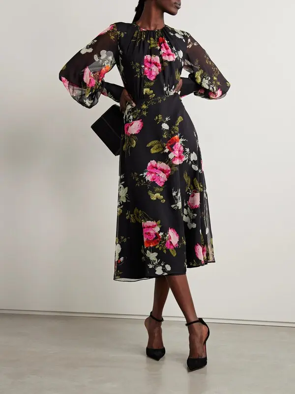 Erdem Round Neck Floral Print Long Sleeve Midi Dress