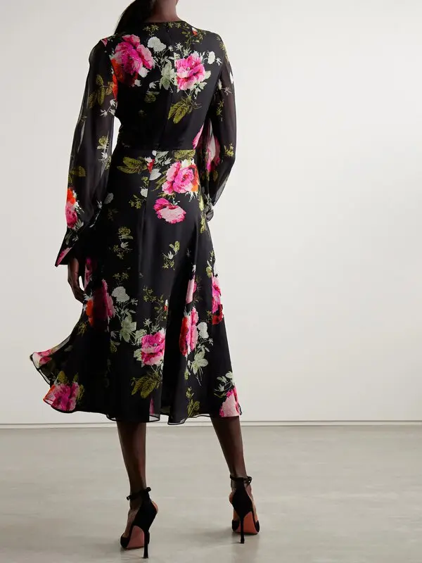 Erdem Round Neck Floral Print Long Sleeve Midi Dress