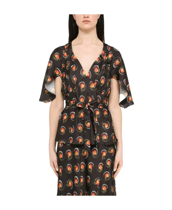 Rabanne V-neck Motif Print Top - Black