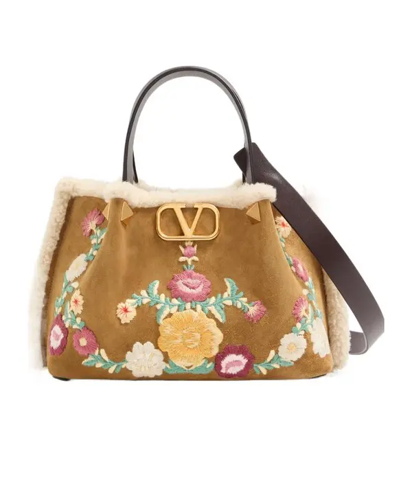 Valentino Garavani Small Embroidered Flowers Suede Tote Bag