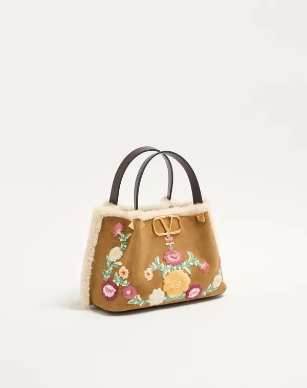 Valentino Garavani Small Embroidered Flowers Suede Tote Bag