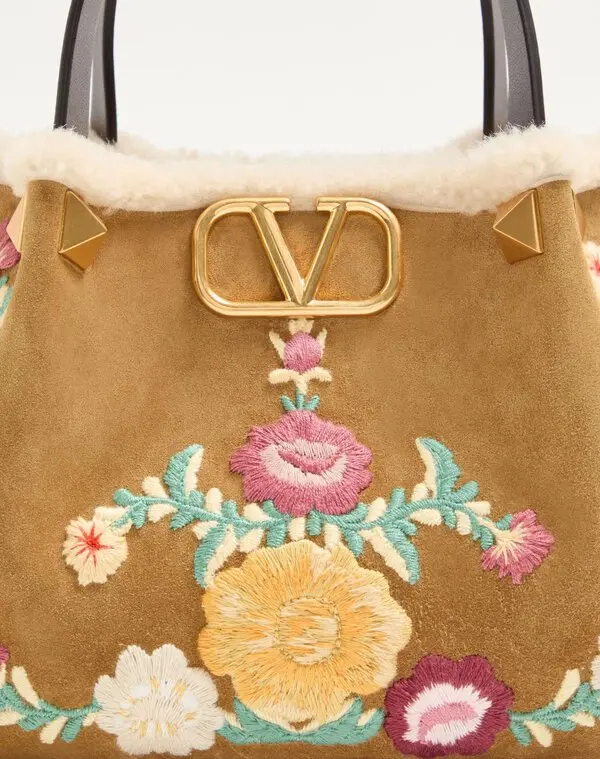 Valentino Garavani Small Embroidered Flowers Suede Tote Bag
