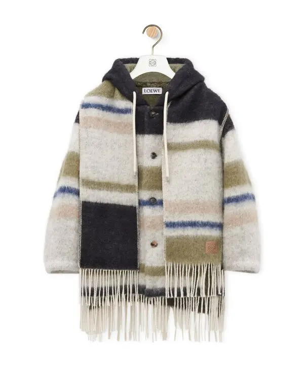 Loewe Hooded Scarf Coat In Wool And Mohair Blend - White/black
