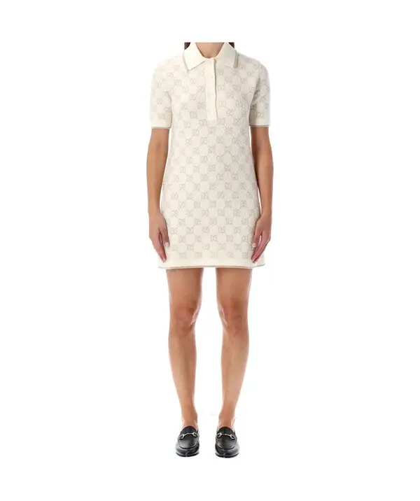 Gucci Gg Jacquard Knit Polo Dress - Beige