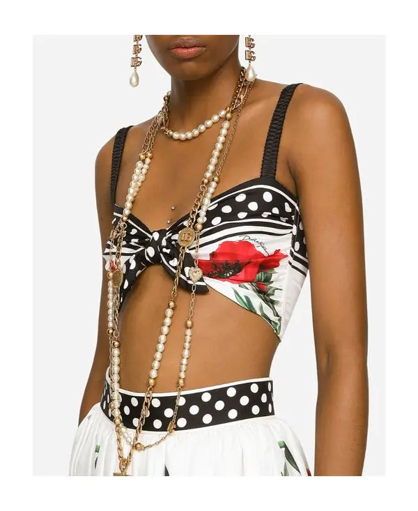 Dolce & Gabbana Silk-blend Cropped Top With Floral And Polka Dot Print