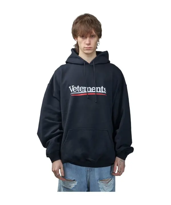 Vetements Logo Printed Drawstring Hoodie - Black