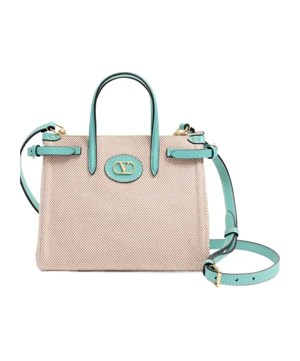 Valentino Garavani Vlogo Plaque Mini-check Top Handle Bag - Natural Color/tobacco Color/ice Green