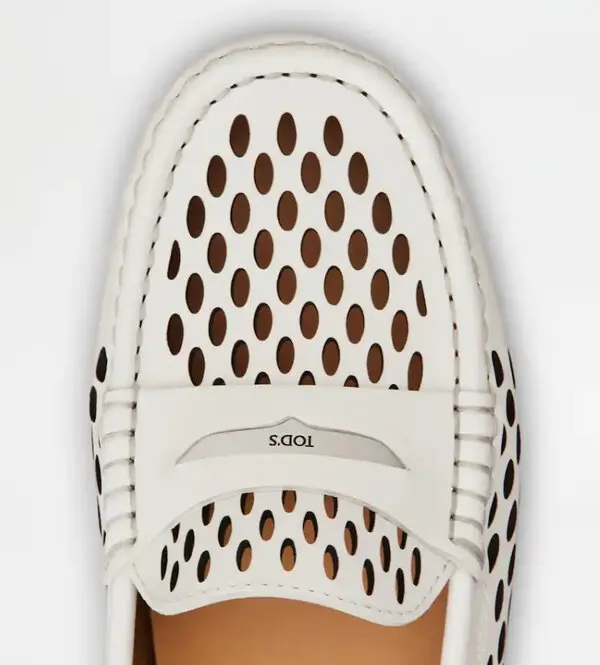 TOD'S Perforated Leather Loafers With Embossed Logo Detailing - White