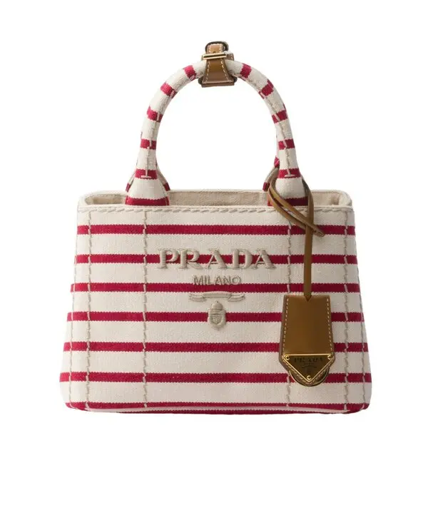 Prada Jardinière Mini Striped Cotton Canvas Bag - Pomegranate Yellow/red
