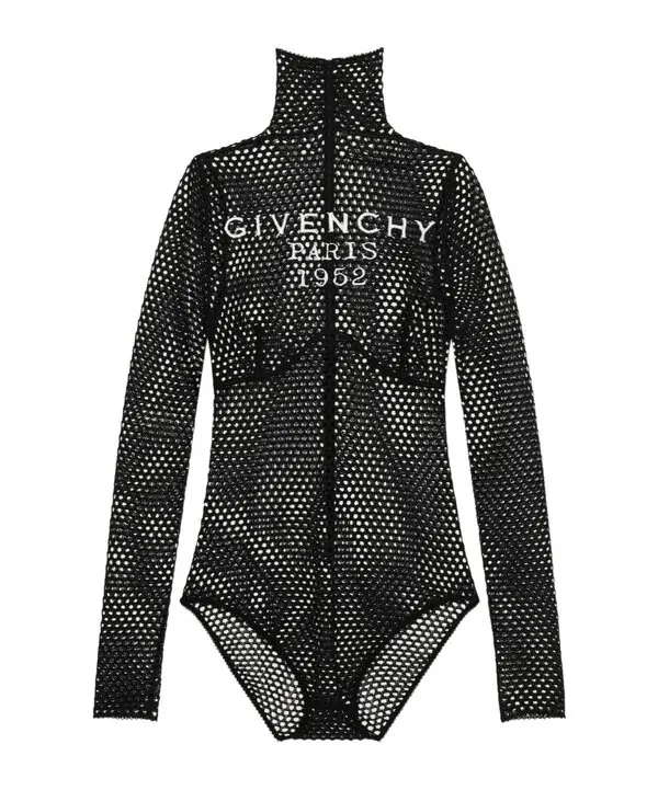 Givenchy Long-sleeved Mesh Knitted Bodysuit With High Collar - Black