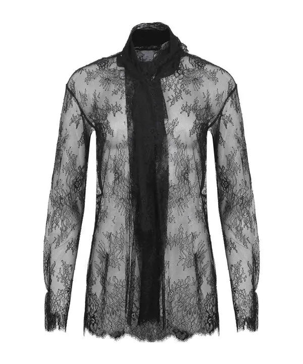Alberta Ferretti Lace High Neck Top With Pearl Embellishments