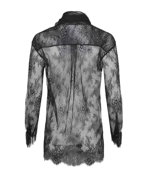 Alberta Ferretti Lace High Neck Top With Pearl Embellishments