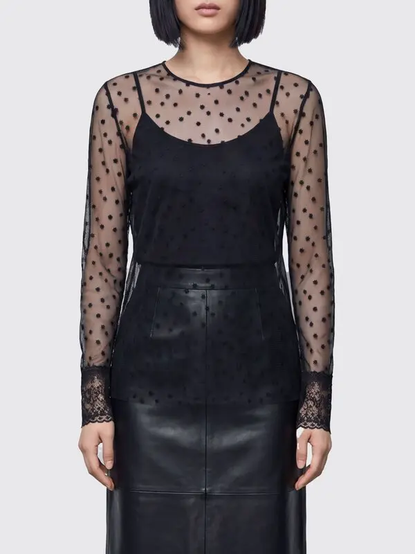 Alberta Ferretti Lace High Neck Top With Pearl Embellishments