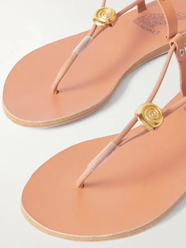 ANCIENT GREEK SANDALS Round Toe Flat Sandals With Gold Shell Embellishments