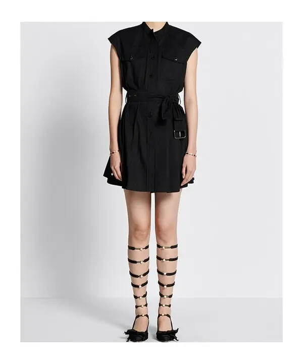 Dior Sleeveless Button-up Belted Mini Dress With Bee Logo Embroidery