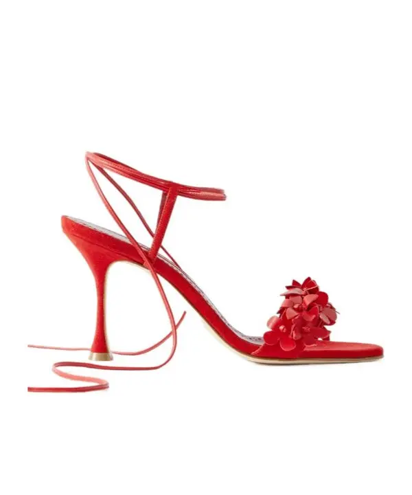 Manolo Blahnik Suede Floral Trim Stiletto Sandals - Red